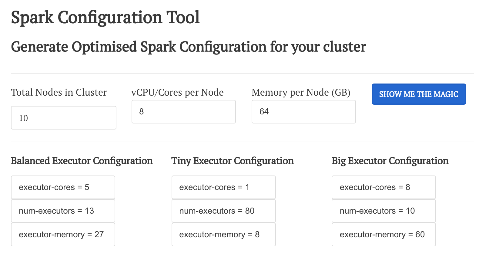 Optimise Spark Configurations - Online Generator
